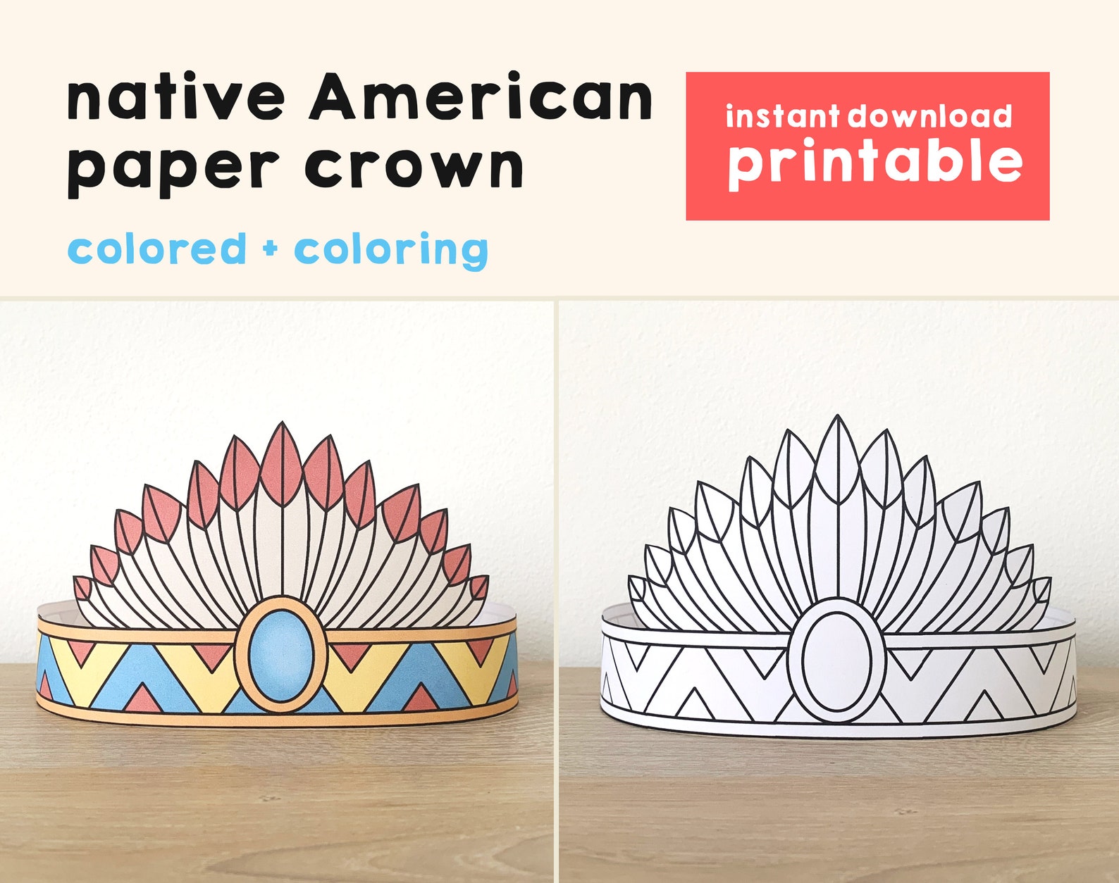 Native American Paper craft Headdress Crown Party Coloring | Etsy