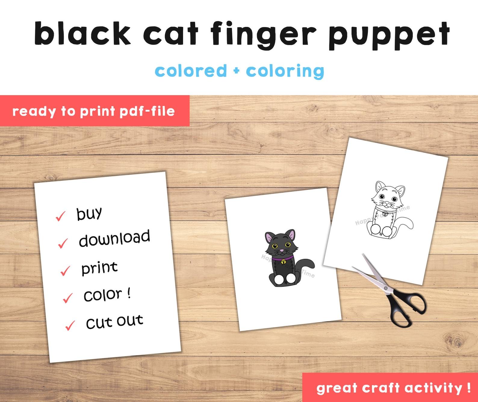 Black Cat Paper Craft Printable Halloween Spooky Day Finger Puppet Kids ...