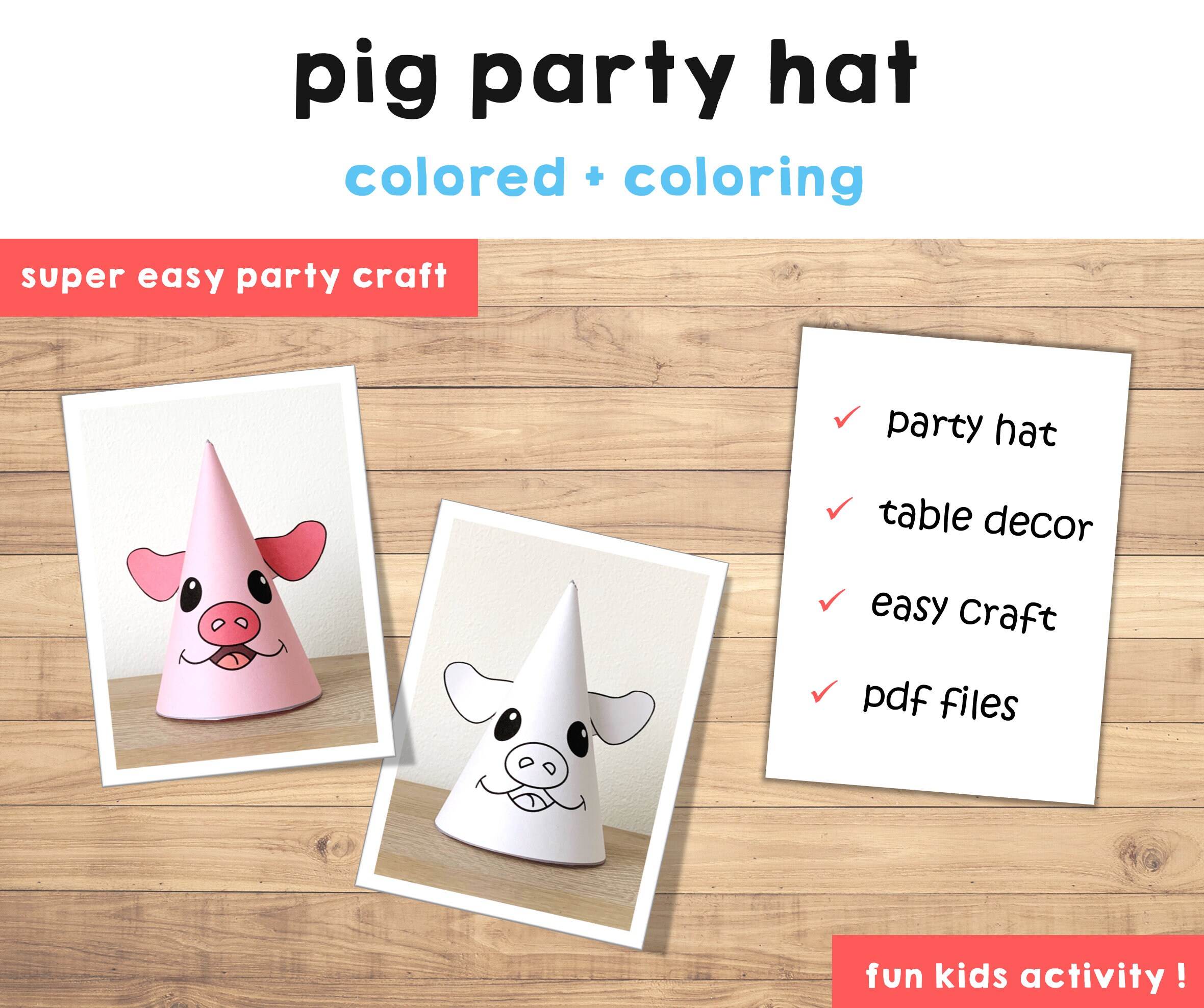 Pig Party Hat Paper Printable Template Print Out Farm Animal Table ...