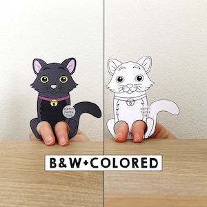 Black Cat Paper Craft Printable Halloween Spooky Day Finger Puppet Kids ...