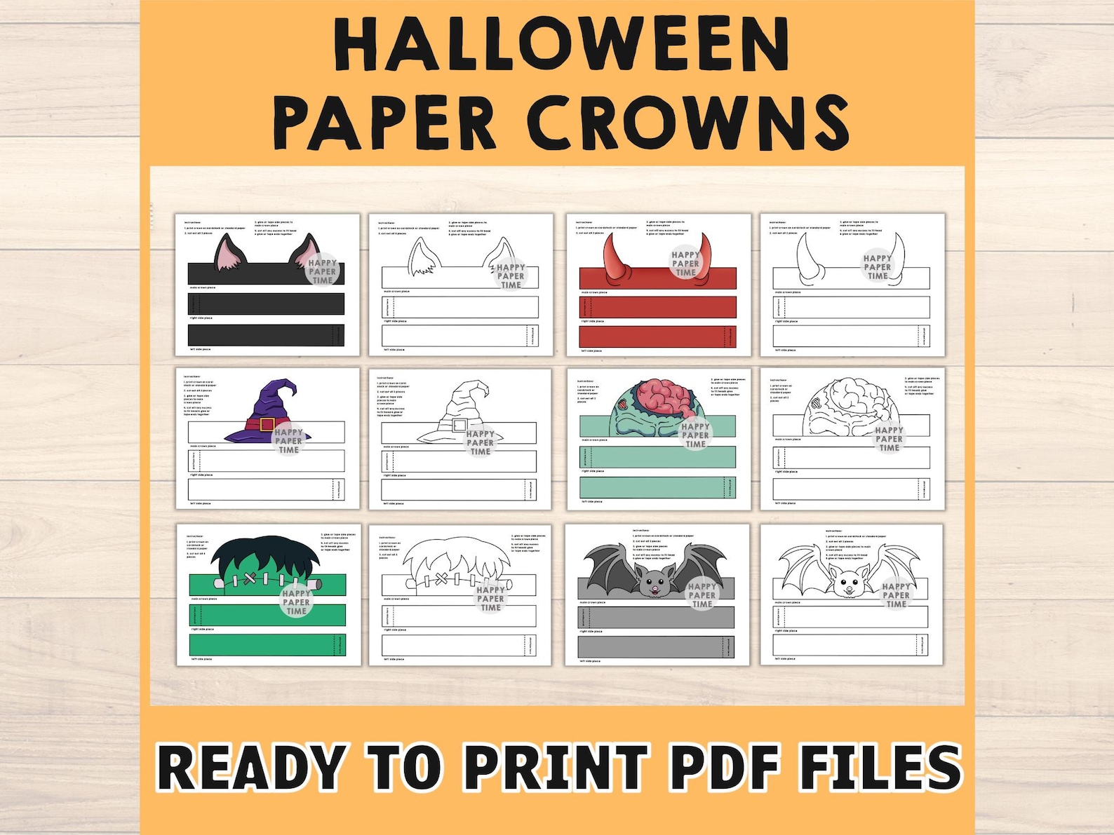 Halloween Paper Crowns Witch Zombie Bat Devil Frankenstein Printable ...