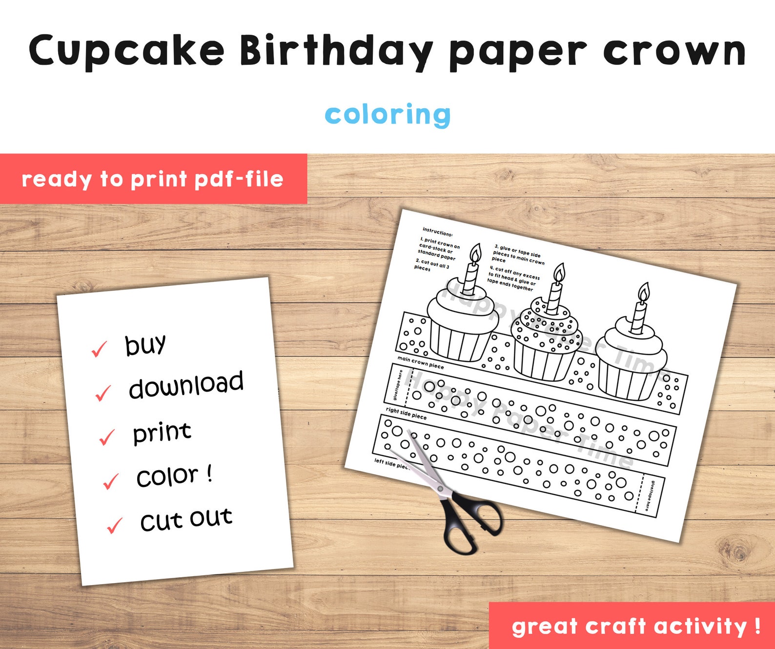 Birthday Cupcake Paper Crown Party Activity Printable Kids - Etsy