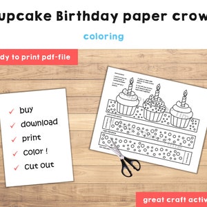 Birthday Cupcake Paper Crown Party Activity Printable Kids Coloring ...