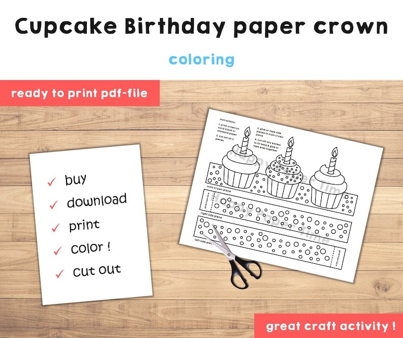 Birthday Cupcake Paper Crown Party Activity Printable Kids Coloring ...