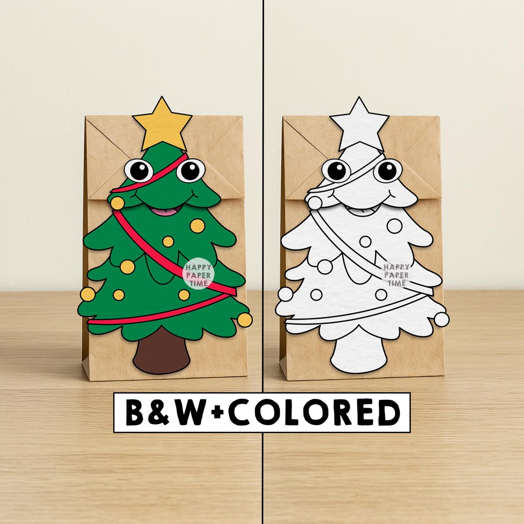 Christmas Tree Paper Bag Puppet Printable Holiday Winter Craft Activity ...