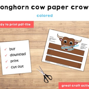 Cow Longhorn Paper Crown Headband Party Printable Kids Craft Wild West ...