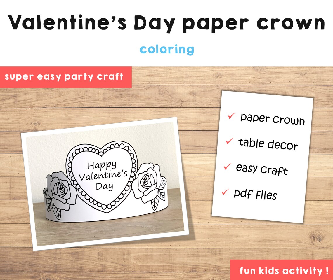 Valentine's Day Paper Crown Party Activity Printable Kids Easy Craft ...