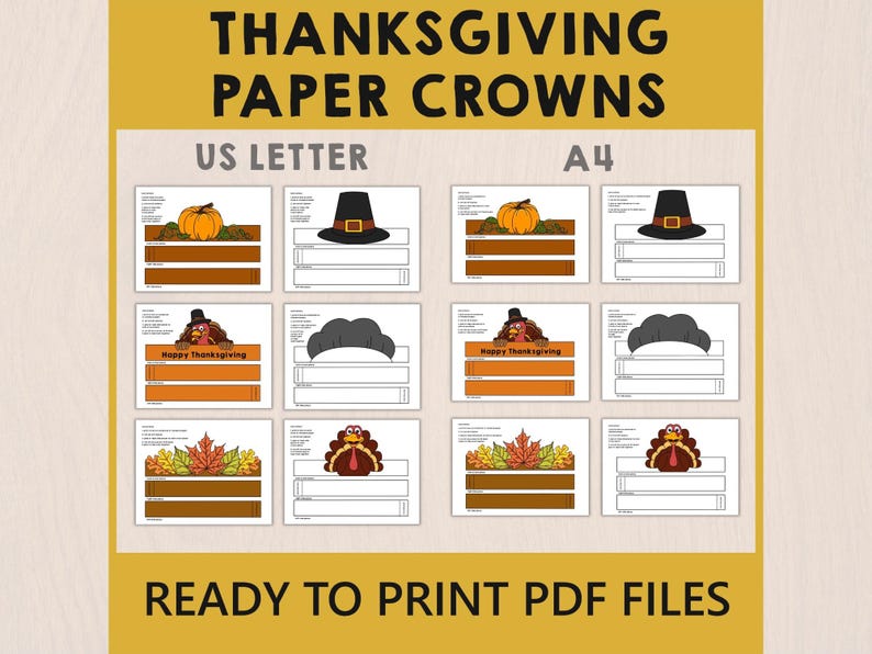 Thanksgiving Paper Crowns Headbands Craft Hat Printable Kids Pilgrim ...