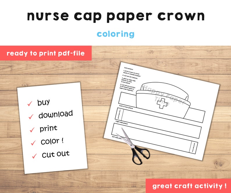 Nurse Cap Hat Paper Crown Party Coloring Printable Kids Craft | Etsy