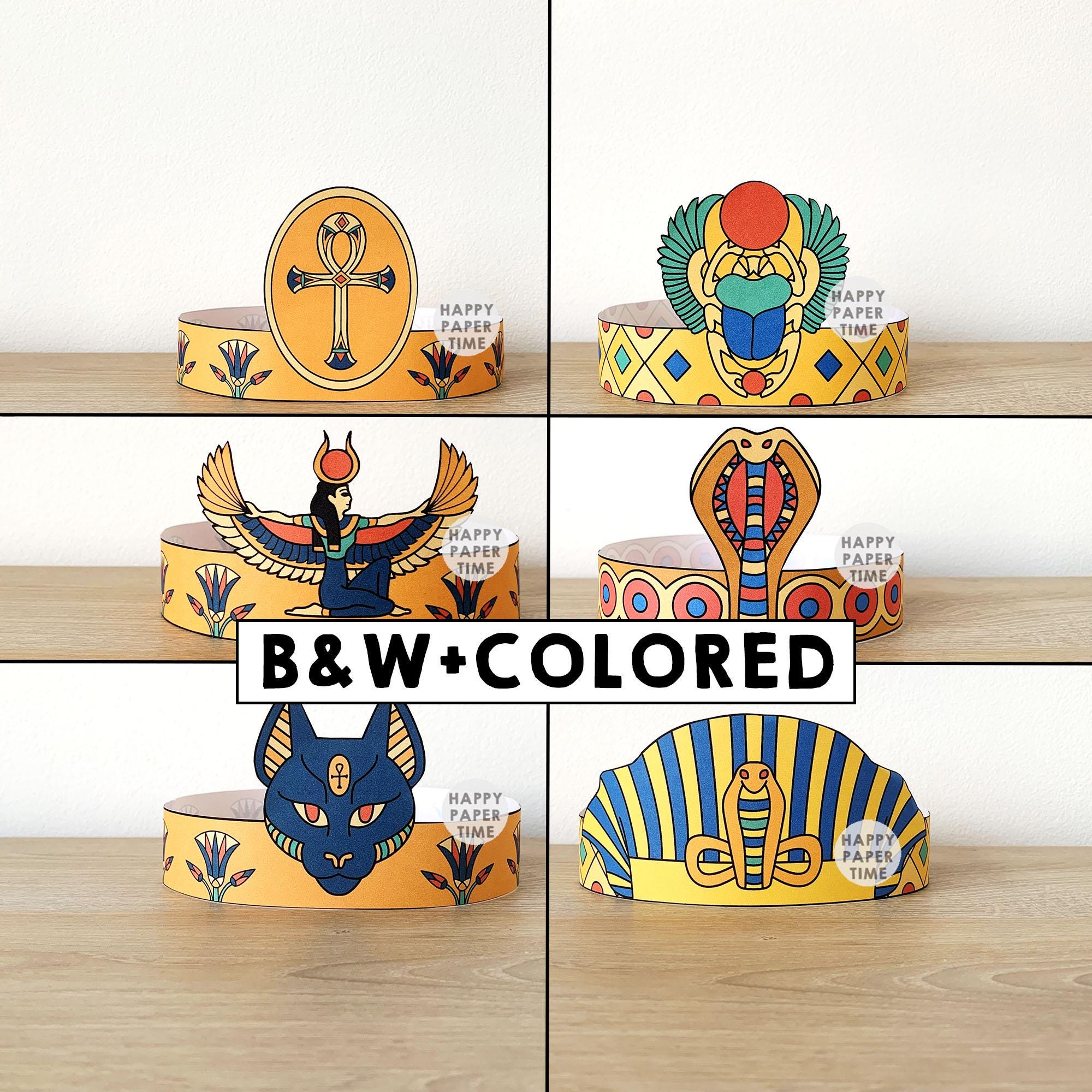 Ancient Egypt Paper Crowns Pharaoh Cobra Cleopatra Isis Scarab Cat Ankh ...