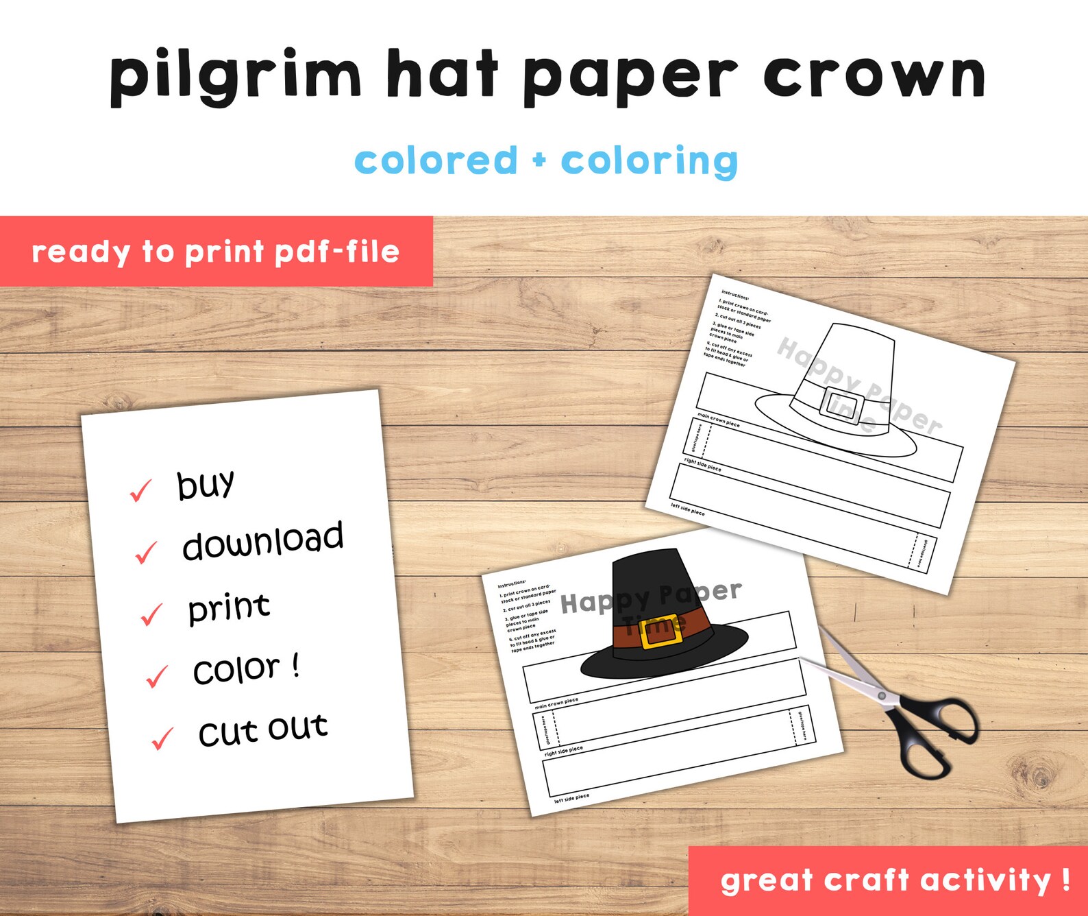 Pilgrim Hat Paper Crown Thanksgiving Settler Party Coloring - Etsy