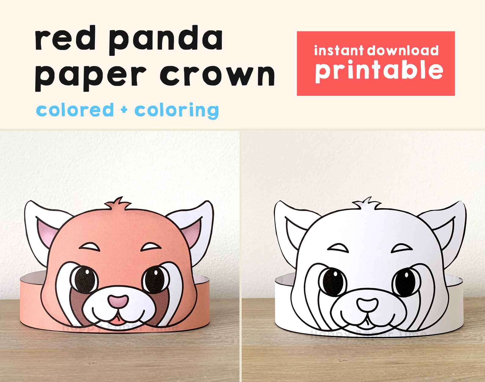 Red Panda Paper Crown Party Coloring Printable Kids Craft | Etsy