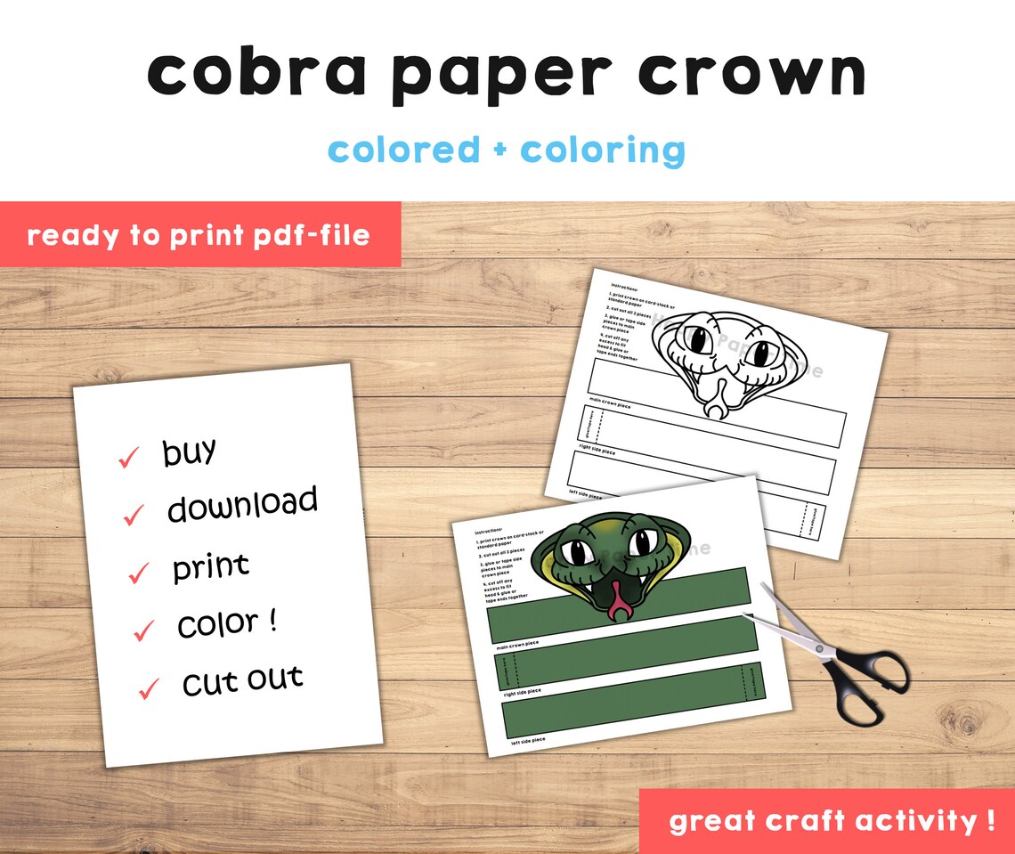 Cobra Paper Crown Party Coloring Printable Kids Craft Jungle | Etsy