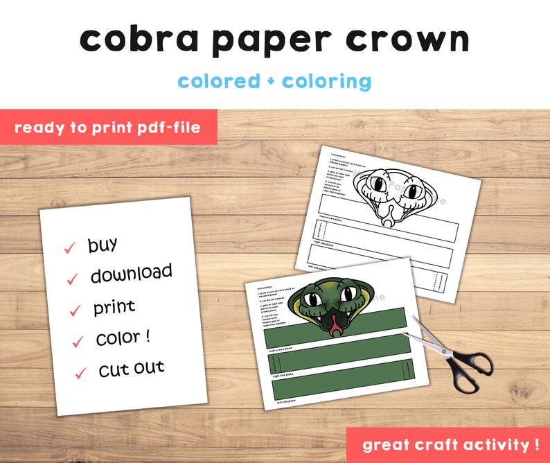 Cobra Paper Crown Party Coloring Printable Kids Craft Jungle - Etsy