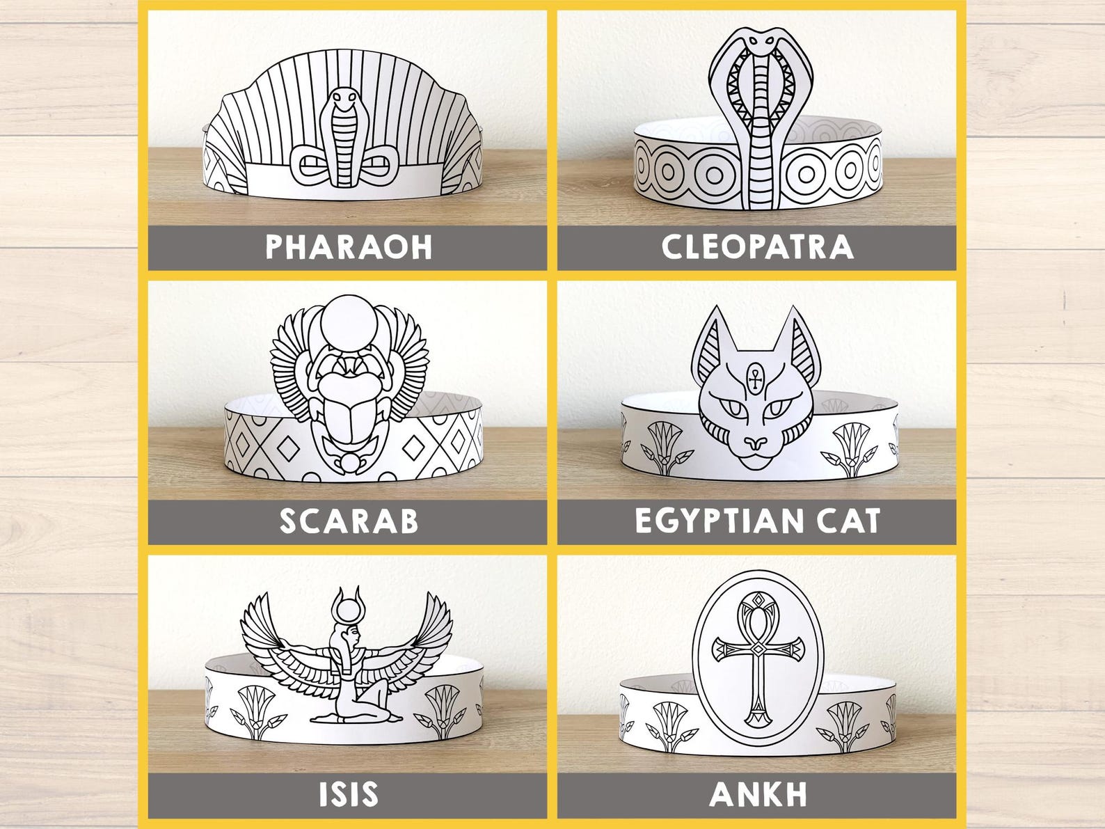 Ancient Egypt Paper Crowns Pharaoh Cobra Cleopatra Isis Scarab Cat Ankh ...