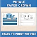 Whale Paper Crown Party Coloring Printable Party Hat Kids Craft Ocean ...