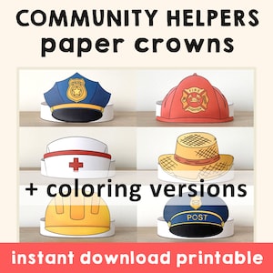 Community Helpers Paper Crowns Police Builder Farmer Nurse Mail Carrier ...