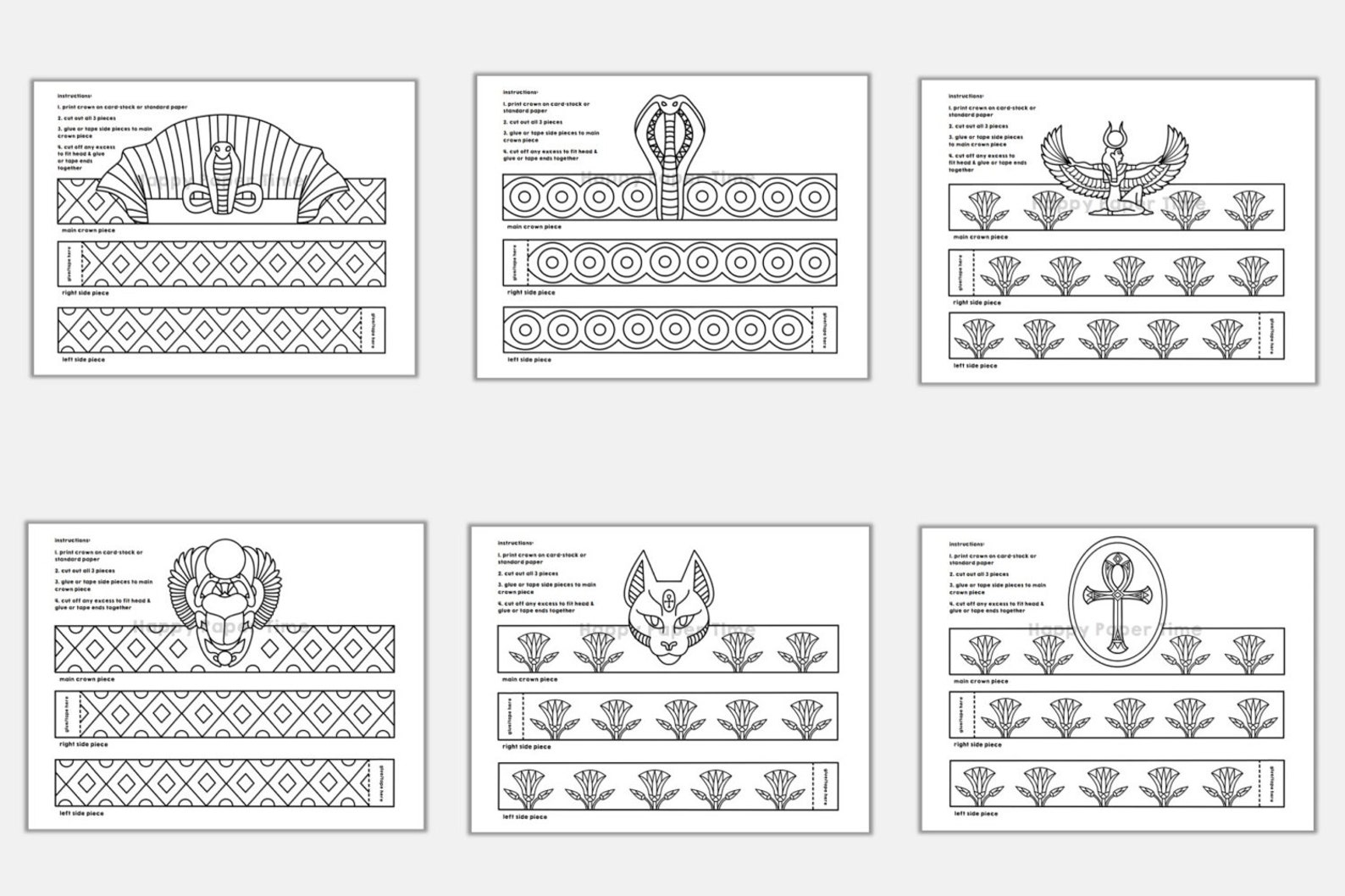 Ancient Egypt Paper Crowns Pharaoh Cobra Cleopatra Isis Scarab Cat Ankh ...