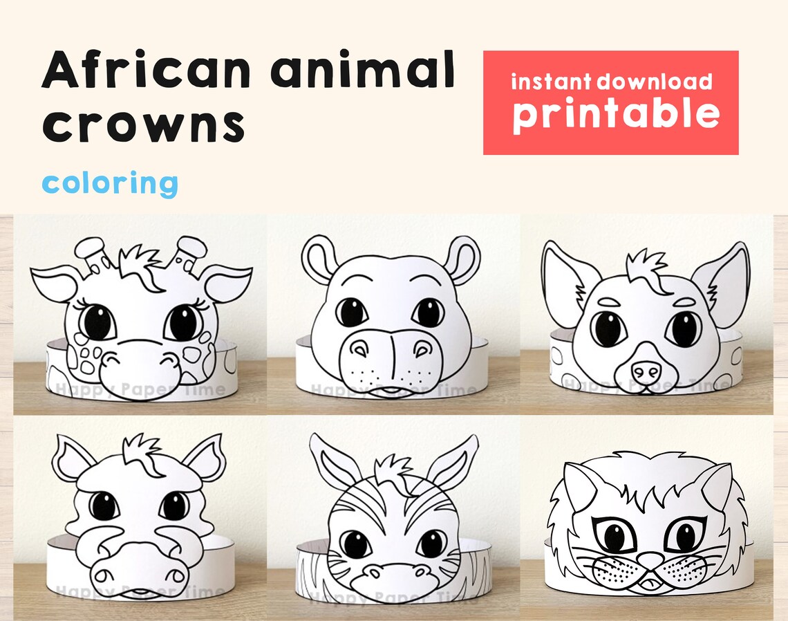 African Safari Animals Paper Crowns Giraffe Hippo Hyena Lion - Etsy