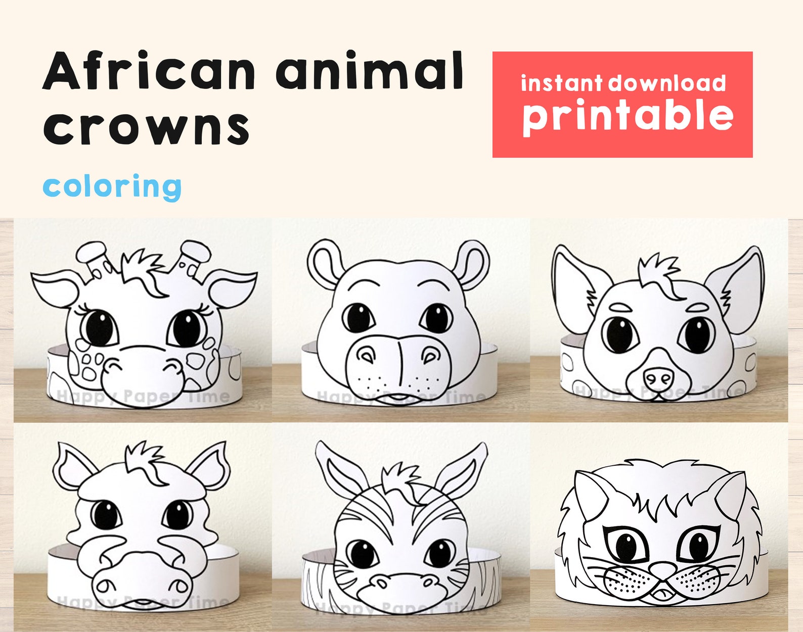 African Safari Animals Paper Crowns Giraffe Hippo Hyena Lion - Etsy