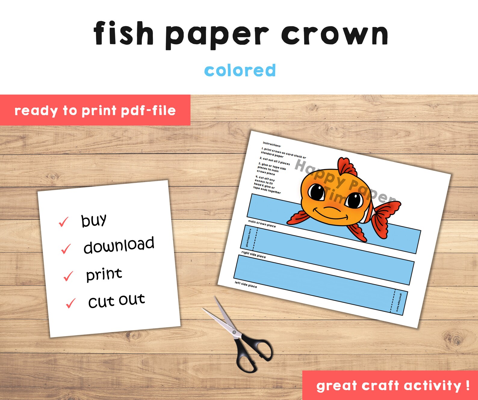 Fish Paper Crown Party Printable Party Hat Kids Craft Ocean - Etsy