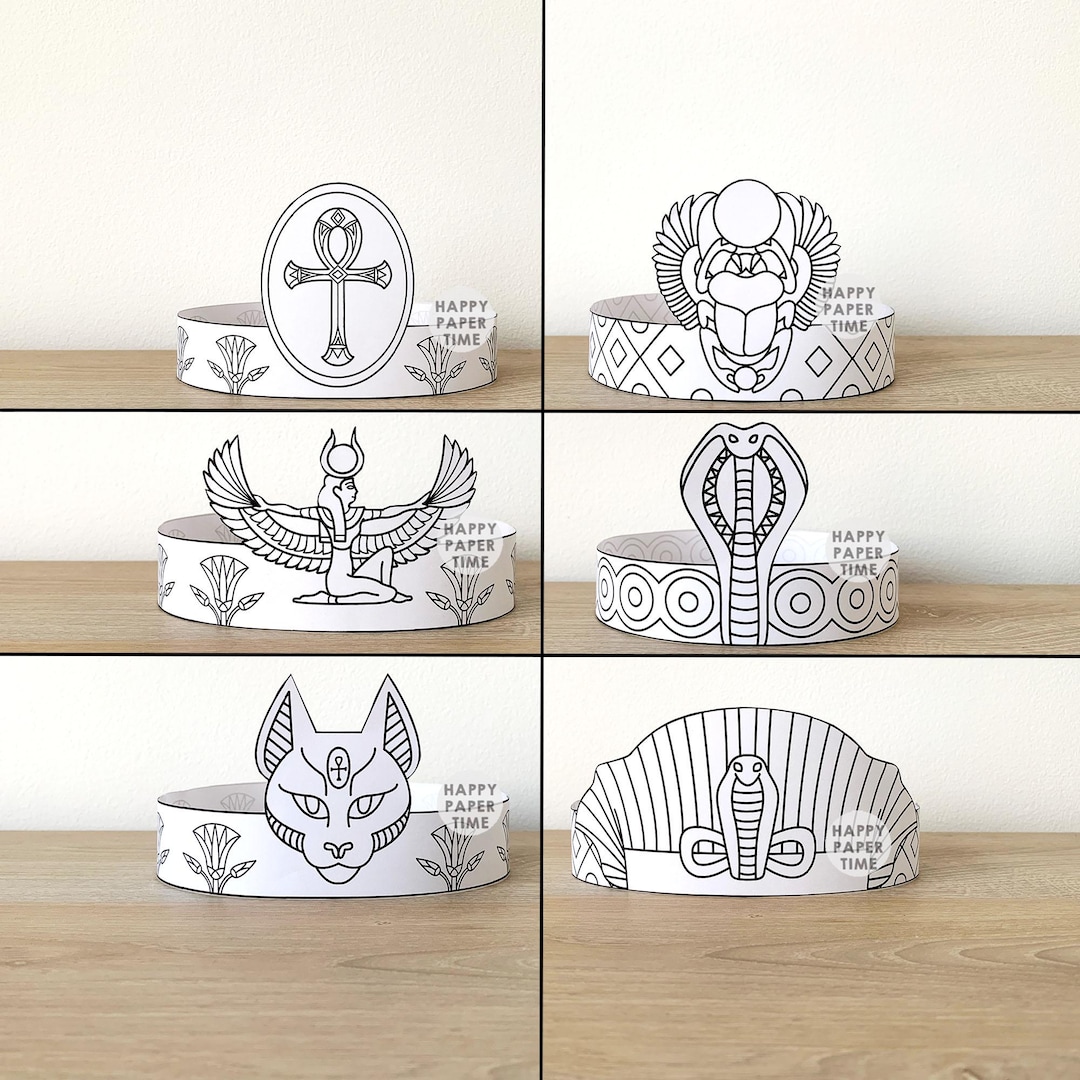 Ancient Egypt Paper Crowns Pharaoh Cobra Cleopatra Isis Scarab Cat Ankh ...