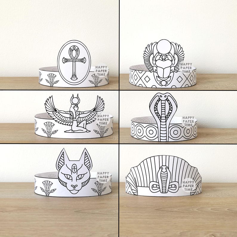 Ancient Egypt Paper Crowns Pharaoh Cobra Cleopatra Isis Scarab Cat Ankh ...