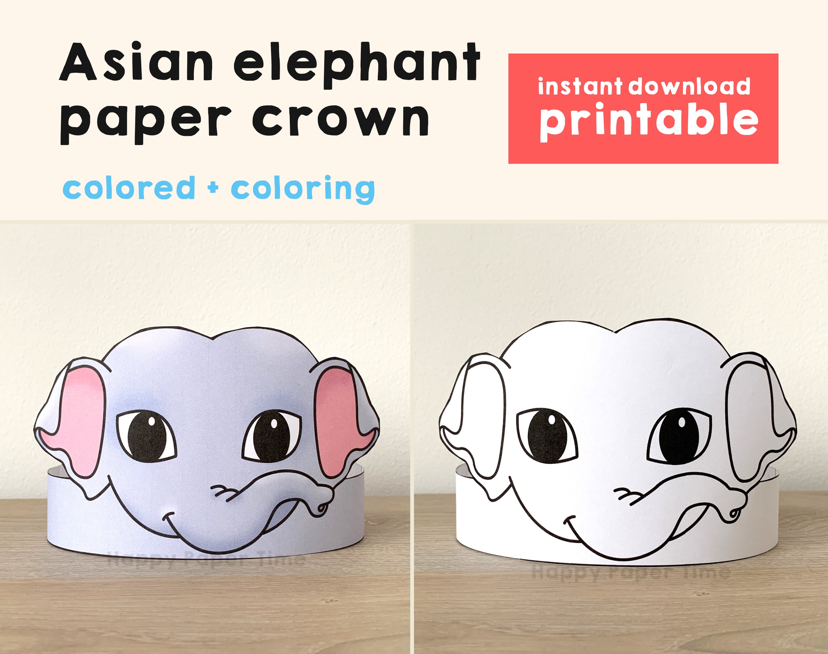 Elephant Paper Crown Party Coloring Printable Kids Craft - Etsy