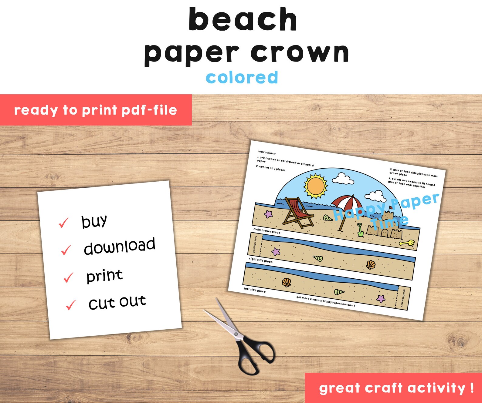 Beach Paper Crowns Summer Spring Printable Kids Craft Birthday Party ...