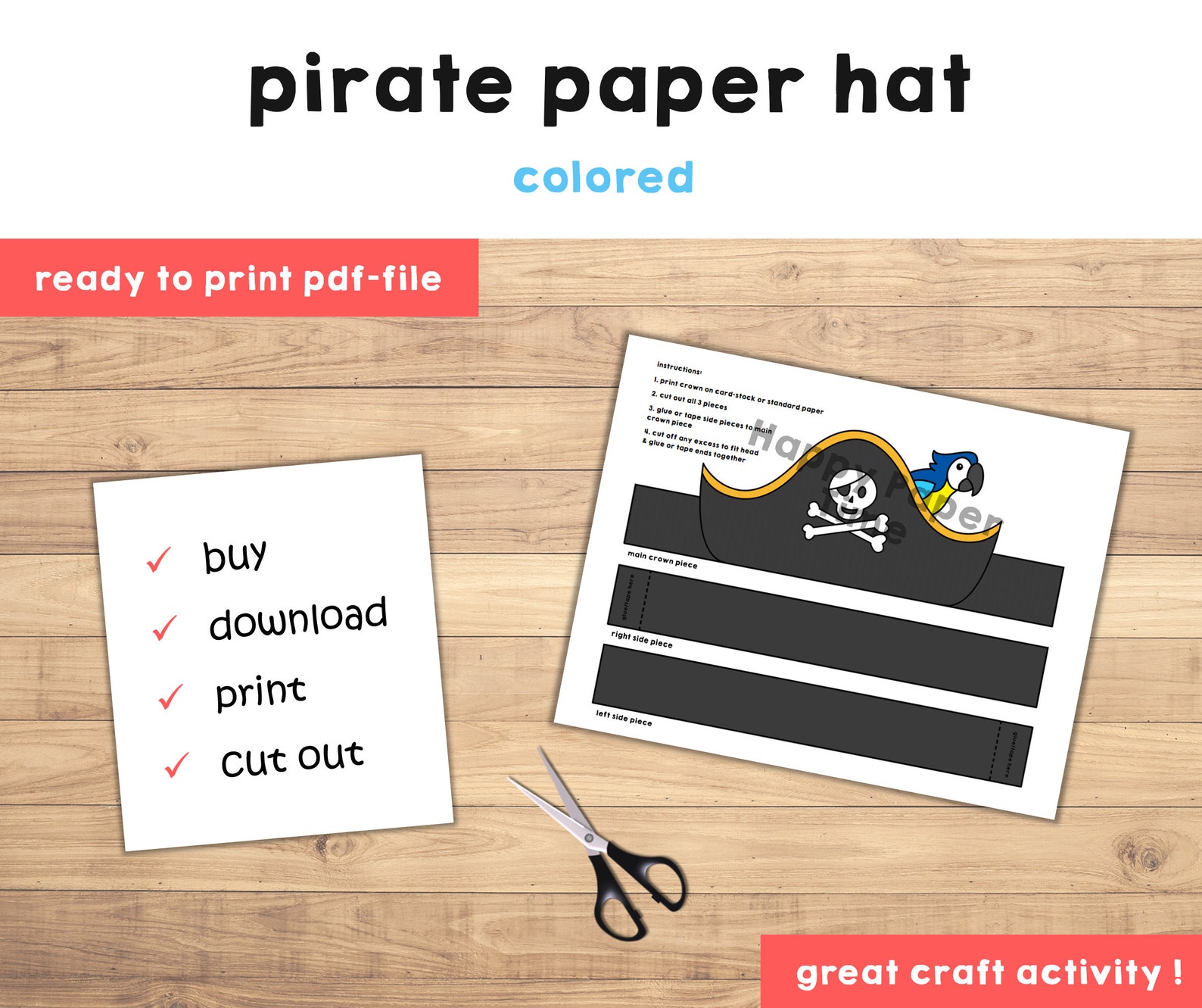 Pirate Hat Paper Crown Template Pirate Captain Costume Party Headband ...