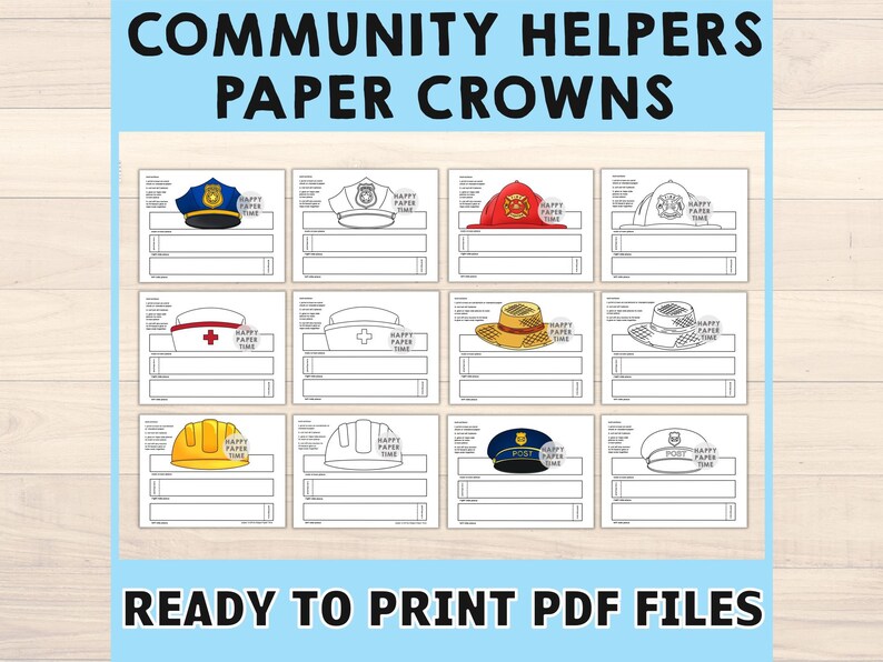 Community Helpers Paper Crowns Police Builder Farmer Nurse Mail Carrier ...