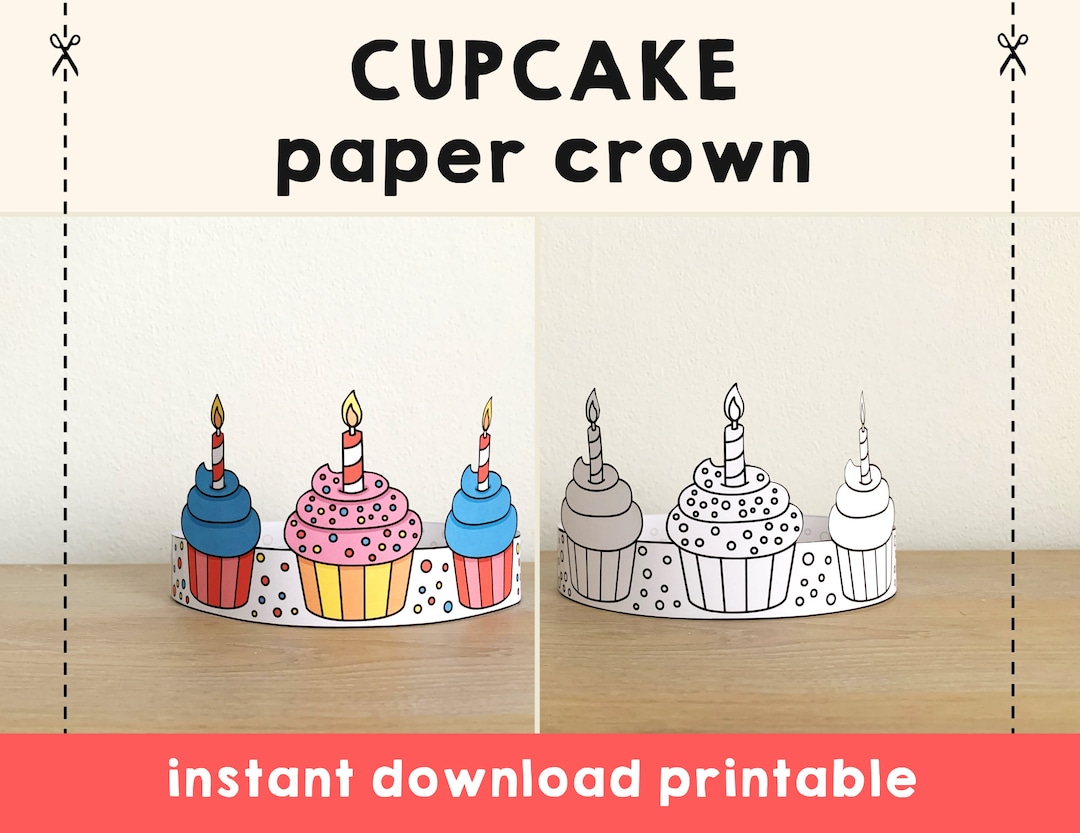 Birthday Cupcake Paper Crown Party Activity Printable Kids Coloring ...