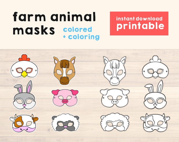 Barnyard Animals Printable Coloring Masks, Farm Animal Mask, Animal ...