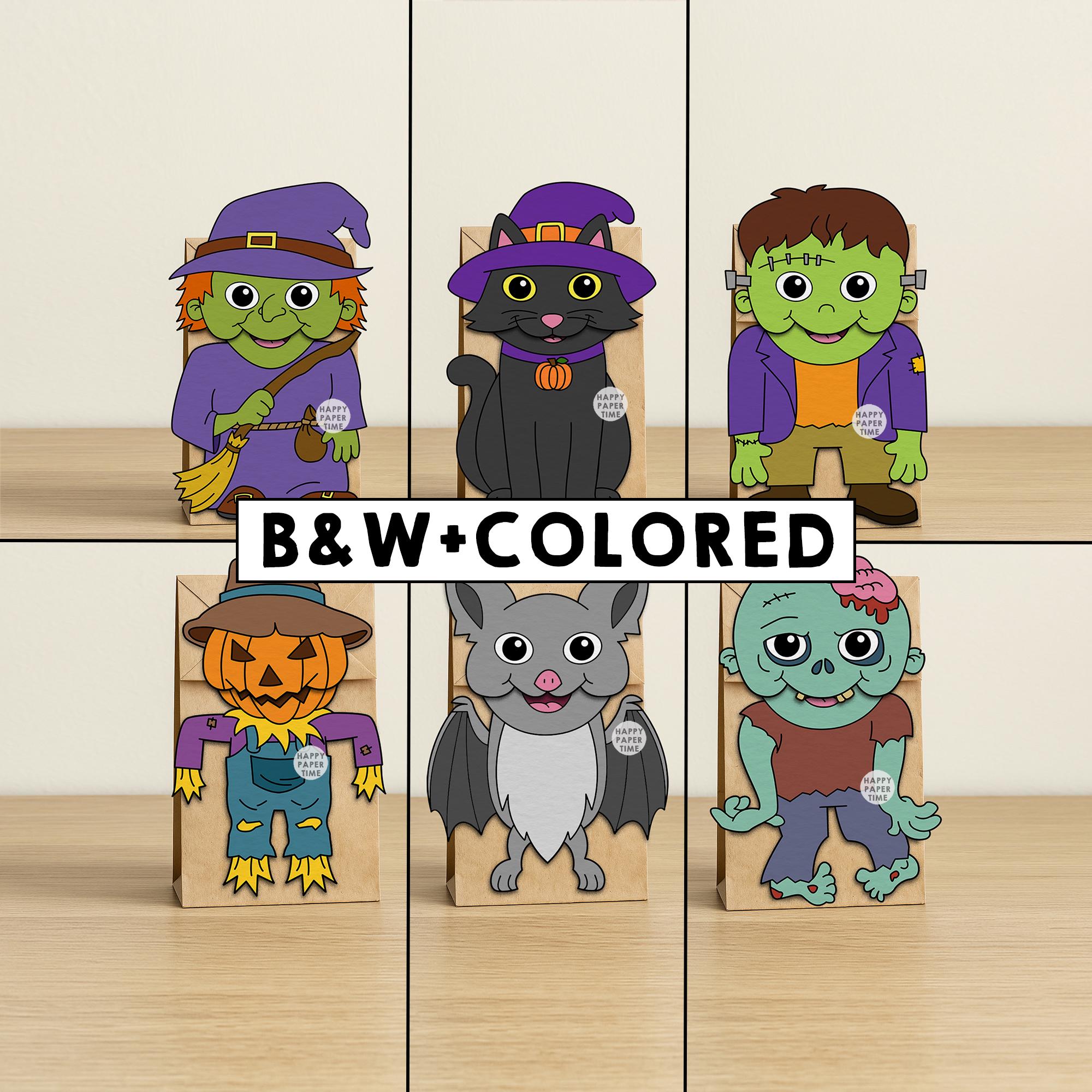 Halloween Paper Bag Puppets Printable Craft Activity Cut Paste Coloring ...