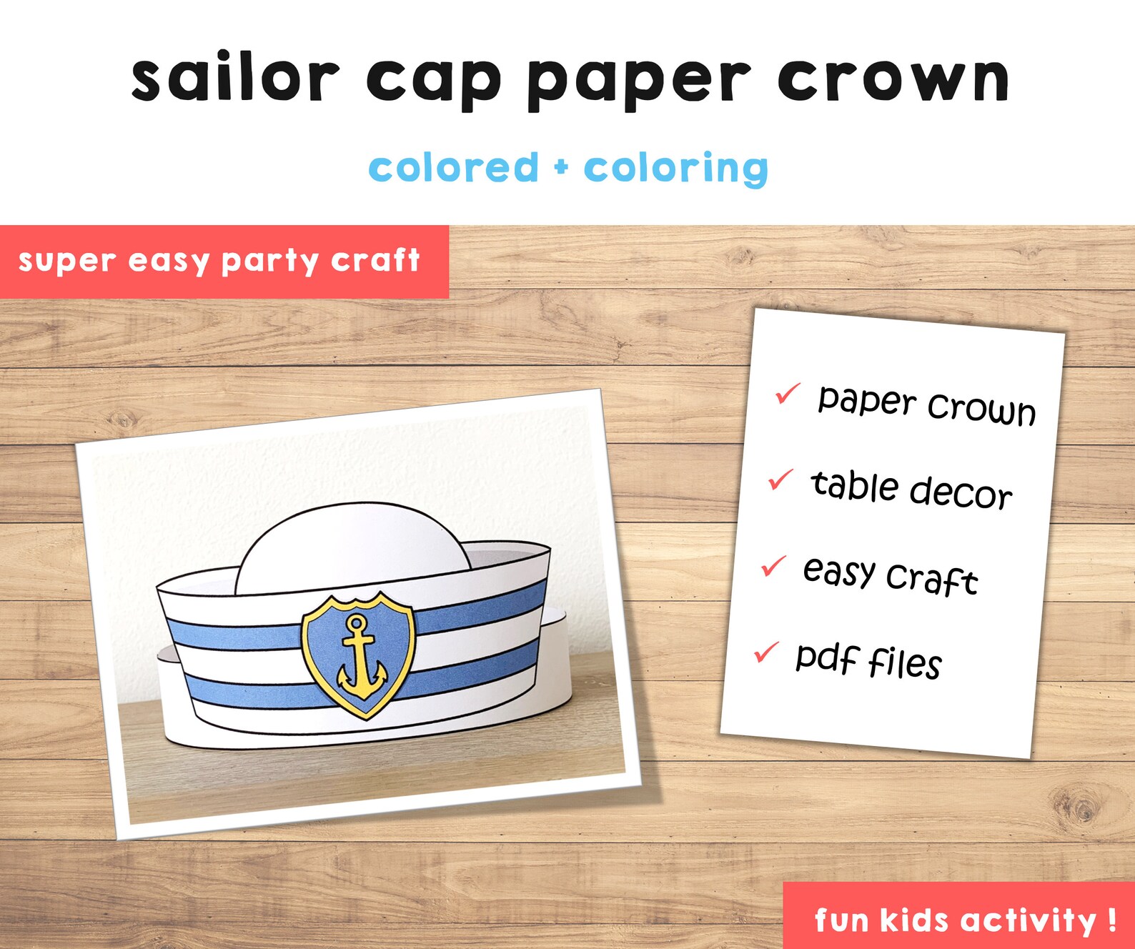 Sailor Hat Cap Paper Crown Party Coloring Printable Kids Craft - Etsy