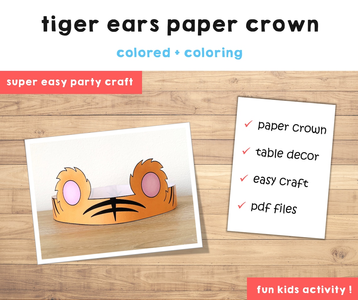 Tiger ears Paper Crown Party Coloring Printable Kids Craft | Etsy