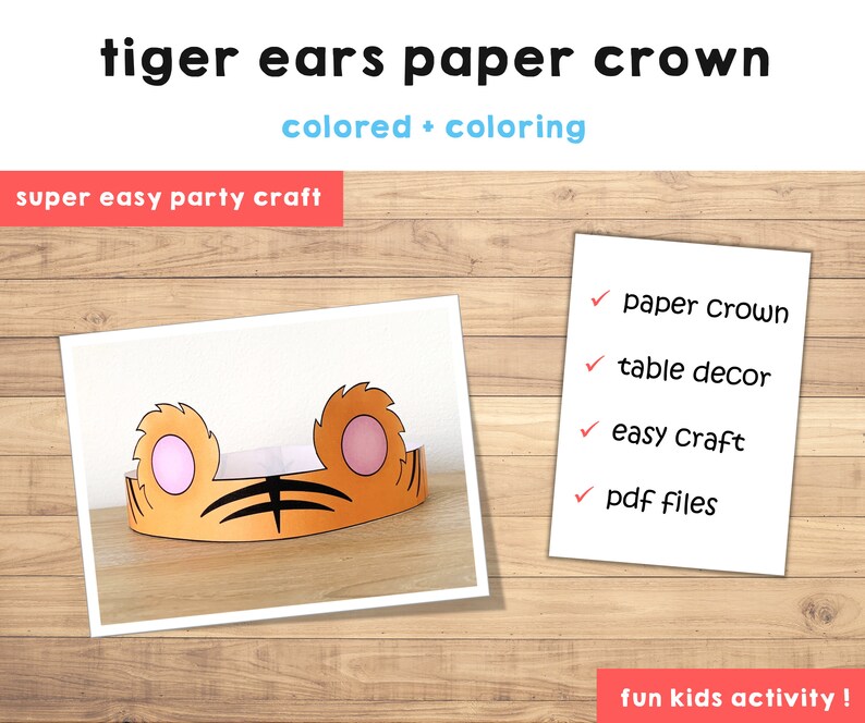 Tiger ears Paper Crown Party Coloring Printable Kids Craft | Etsy