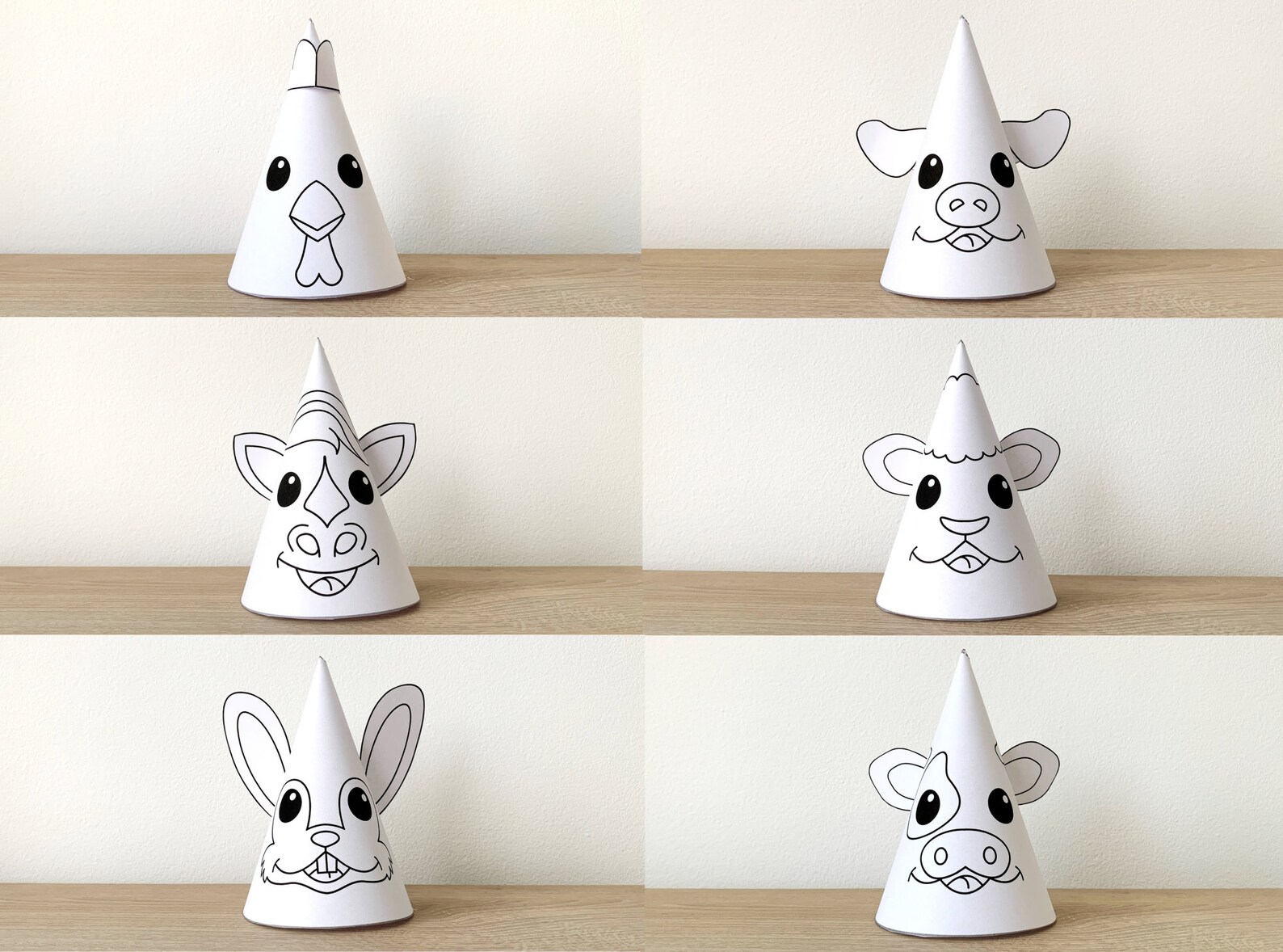 Farm Animal Party Hats Paper Printable Table Pig Horse Cow Rabbit Sheep ...