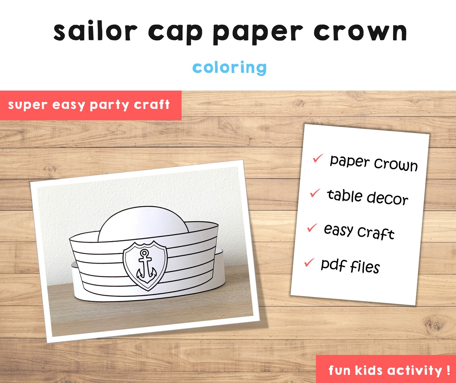 Sailor Hat Cap Paper Crown Party Coloring Printable Kids Craft - Etsy