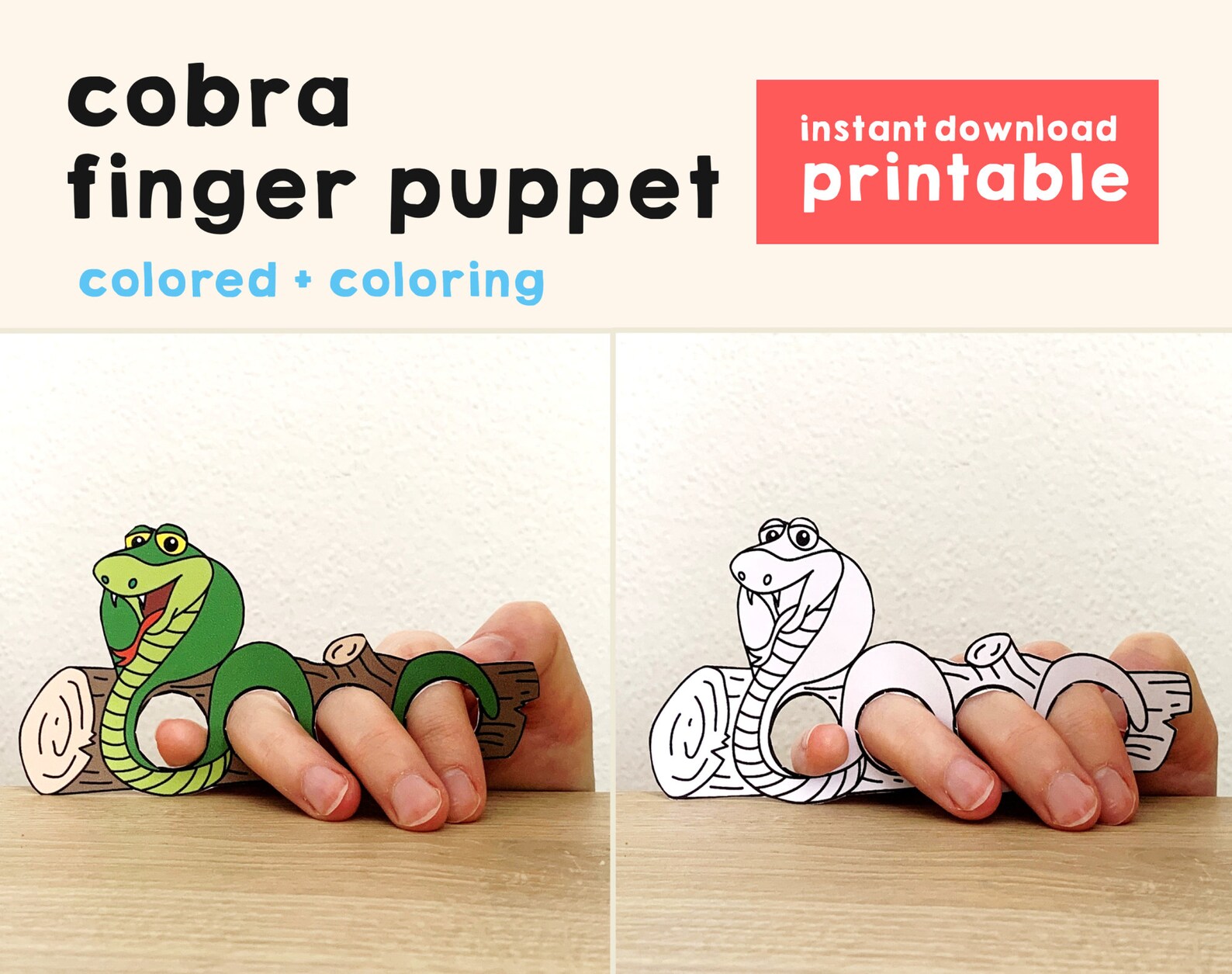 Cobra Snake Paper Craft Printable Asian Animal Reptile Finger - Etsy