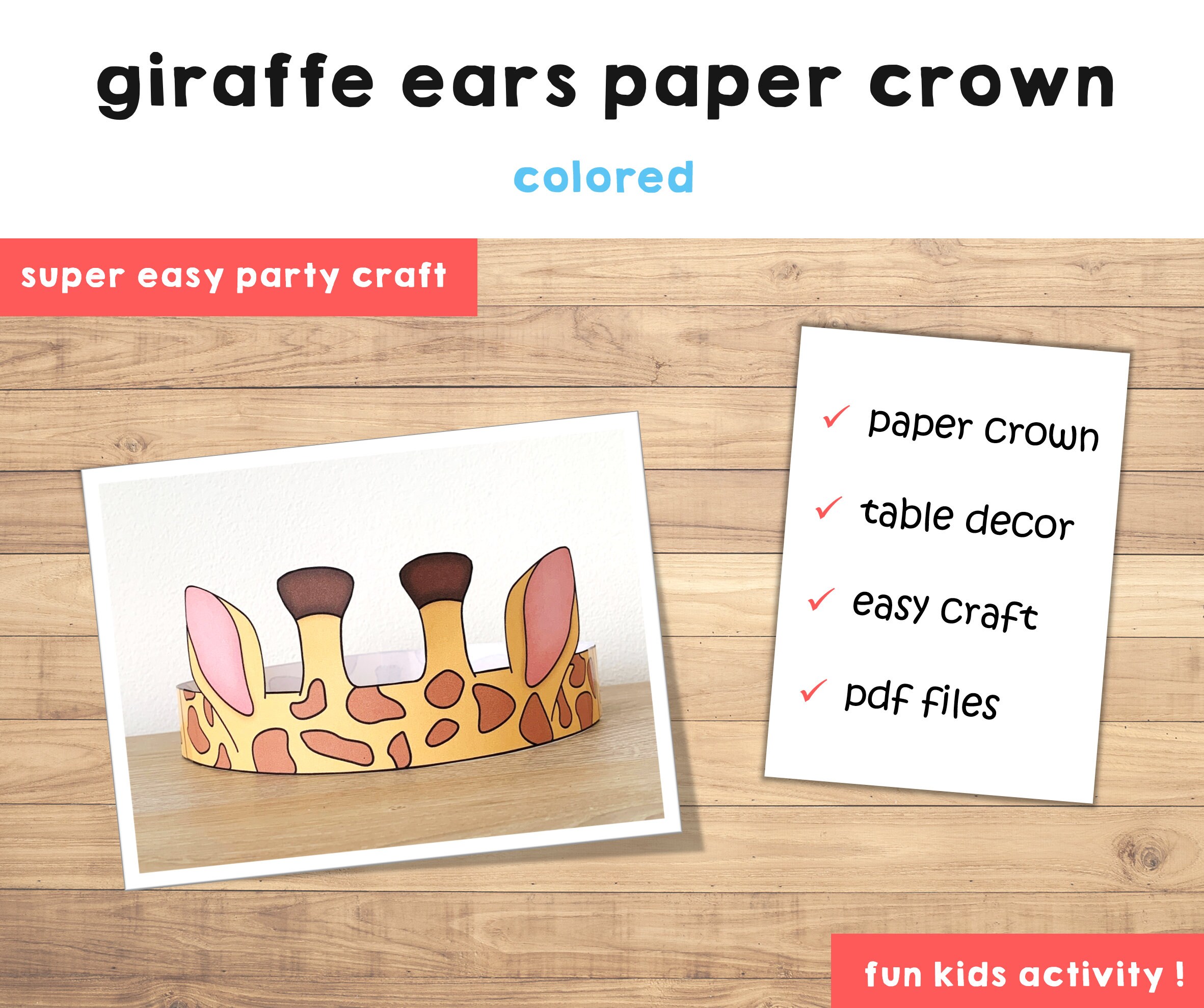 Giraffe Ears Paper Crown Party Coloring Printable Kids Craft | Etsy