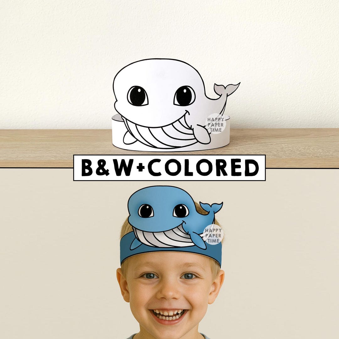 Whale Paper Crown Party Coloring Printable Party Hat Kids Craft Ocean ...