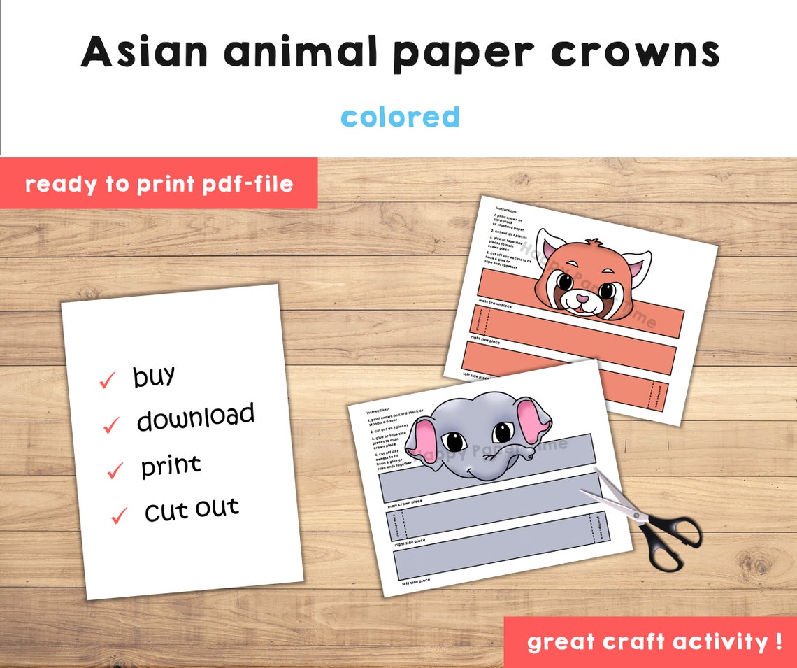 Asian Jungle Animals Paper Crowns Panda Elephant Cobra Tiger Orangutan ...