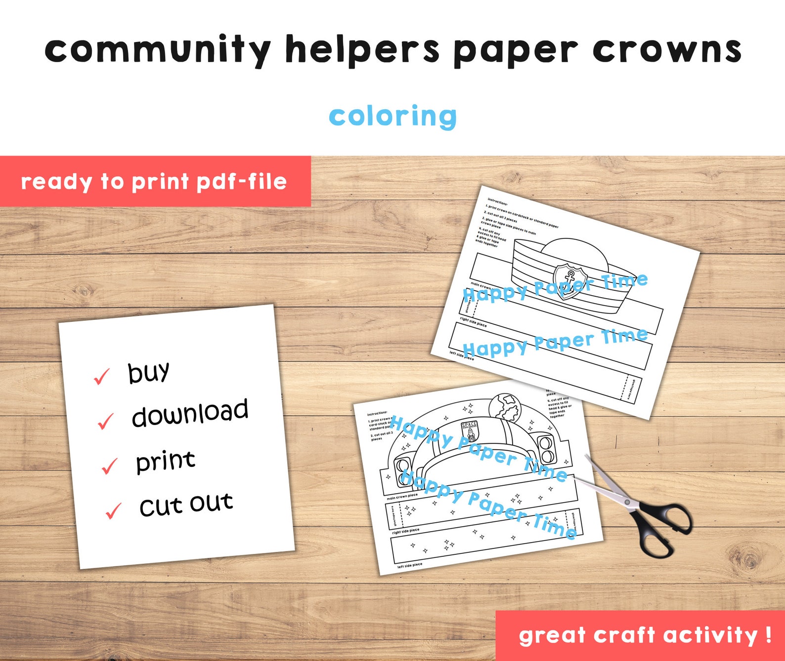 Community Helpers Paper Crowns Astronaut Pilot Chef Sailor Soldier ...