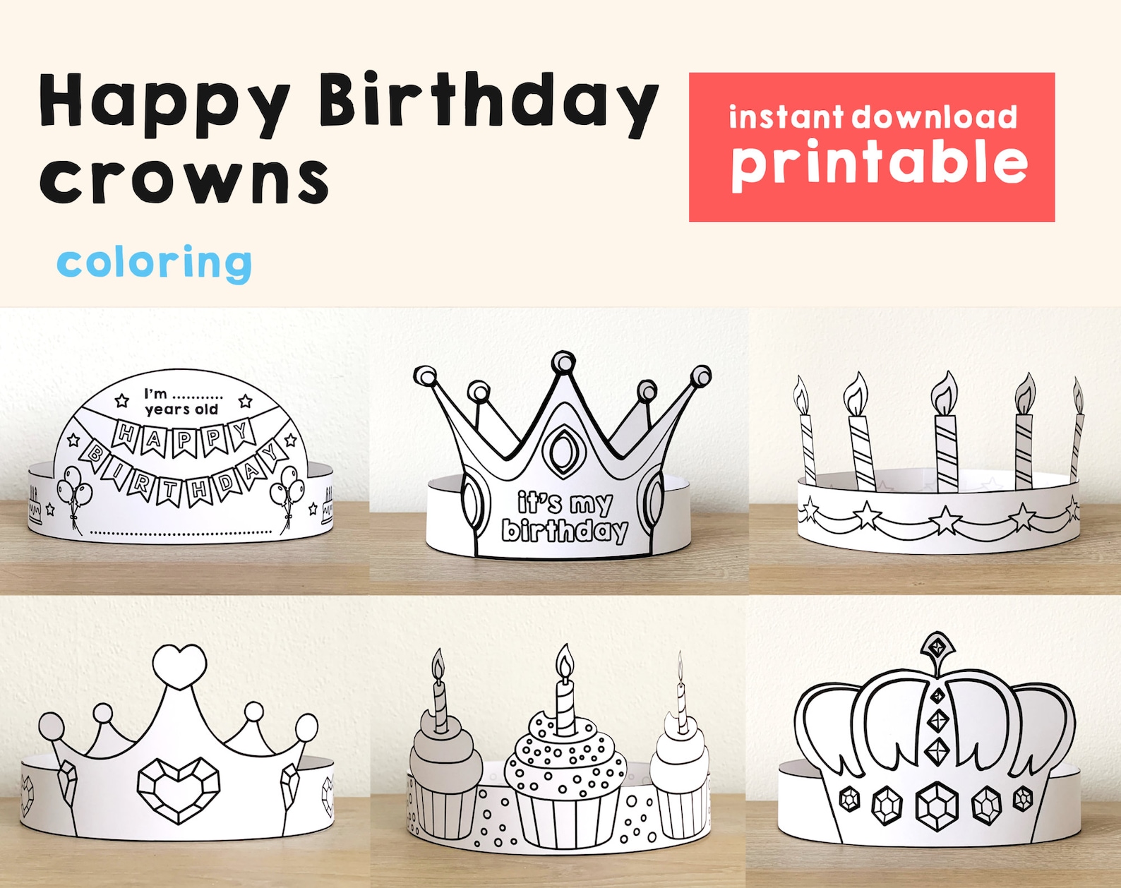Happy Birthday Paper Crowns Party B-day Printable Kids Craft - Etsy