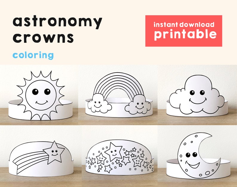 Astronomy Paper Crowns Coloring Sun Rainbow Moon Cloud - Etsy