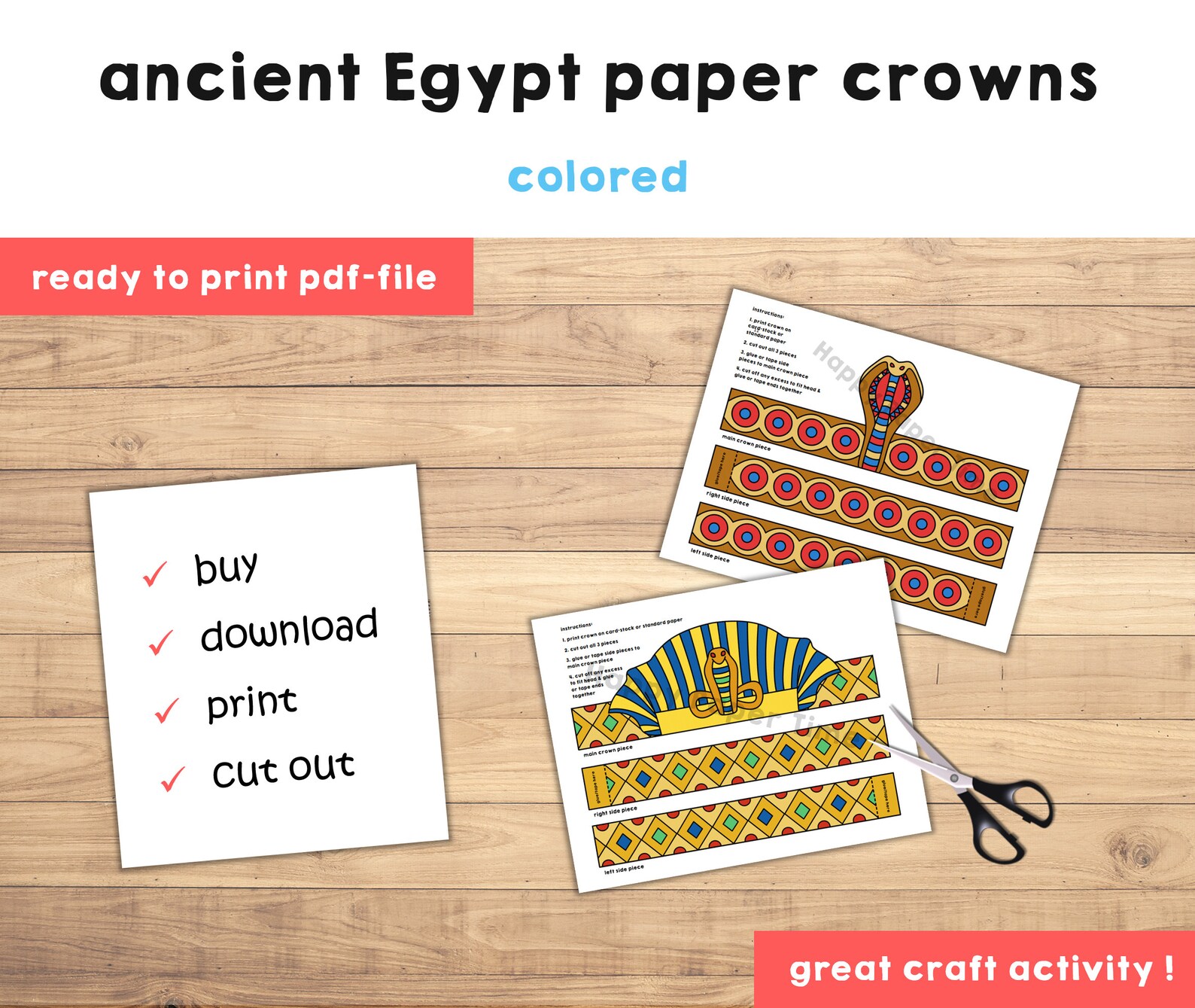 Ancient Egypt Paper Crowns Pharaoh Cobra Cleopatra Isis Scarab Cat Ankh ...