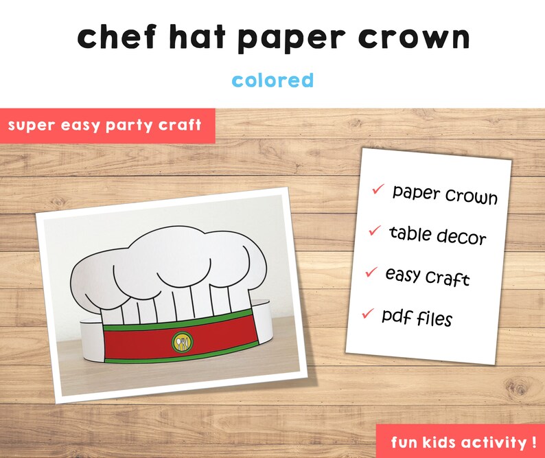 Chef Hat Cook Paper Crown Restaurant Party Printable Kids - Etsy