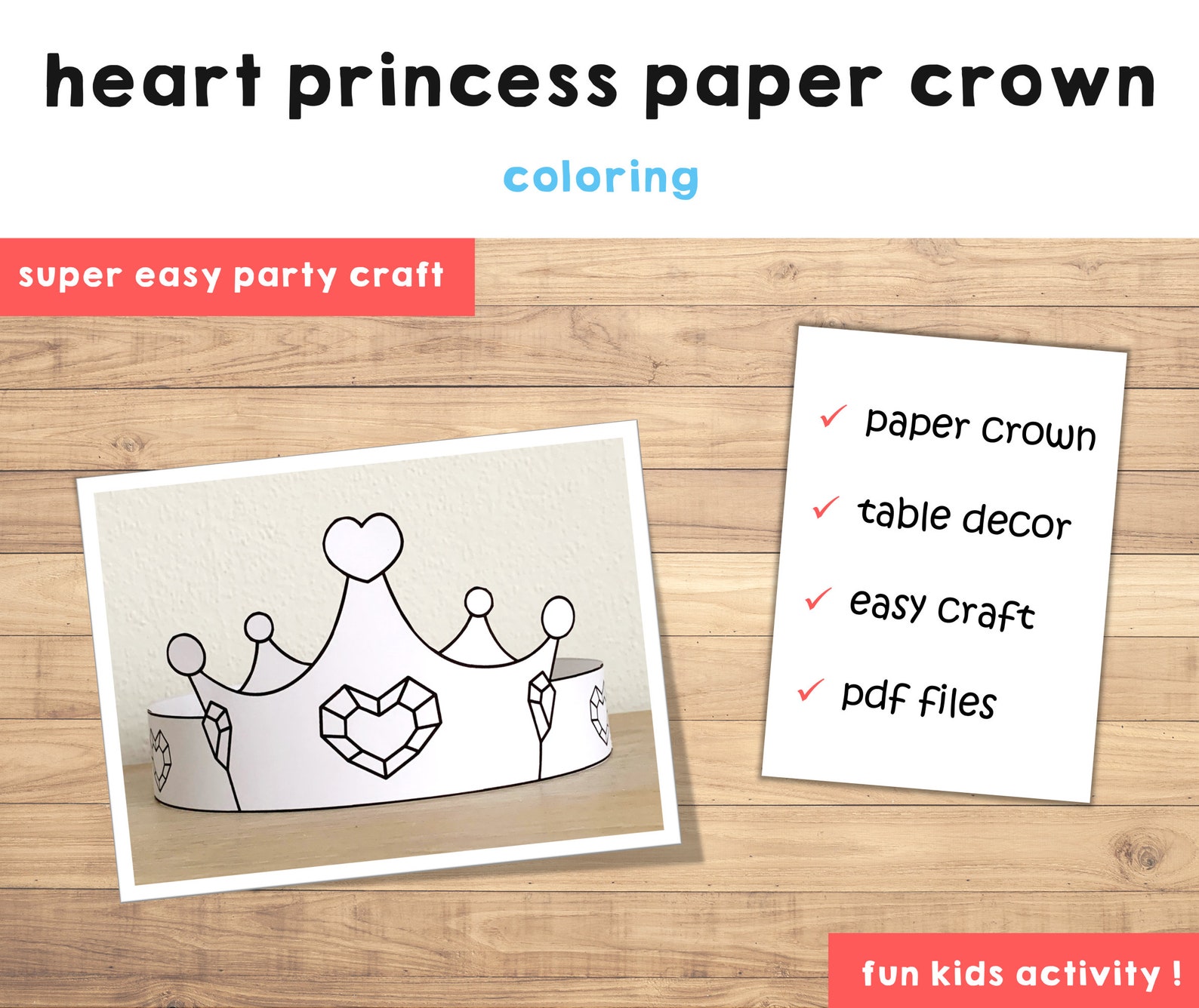 Heart Princess Paper Crown Party Activity Printable Kids Easy - Etsy