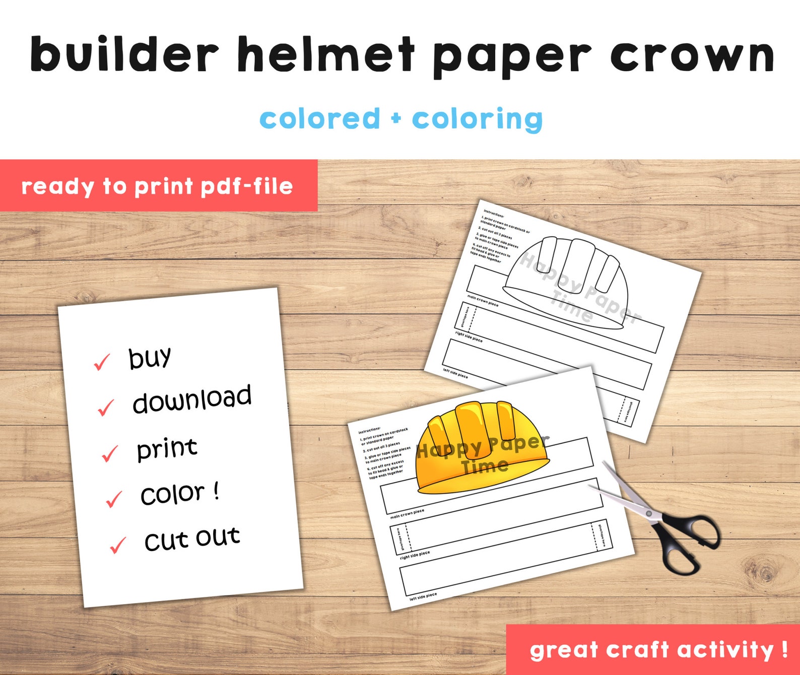 Construction Worker Builder Helmet Paper Crown Party Coloring - Etsy